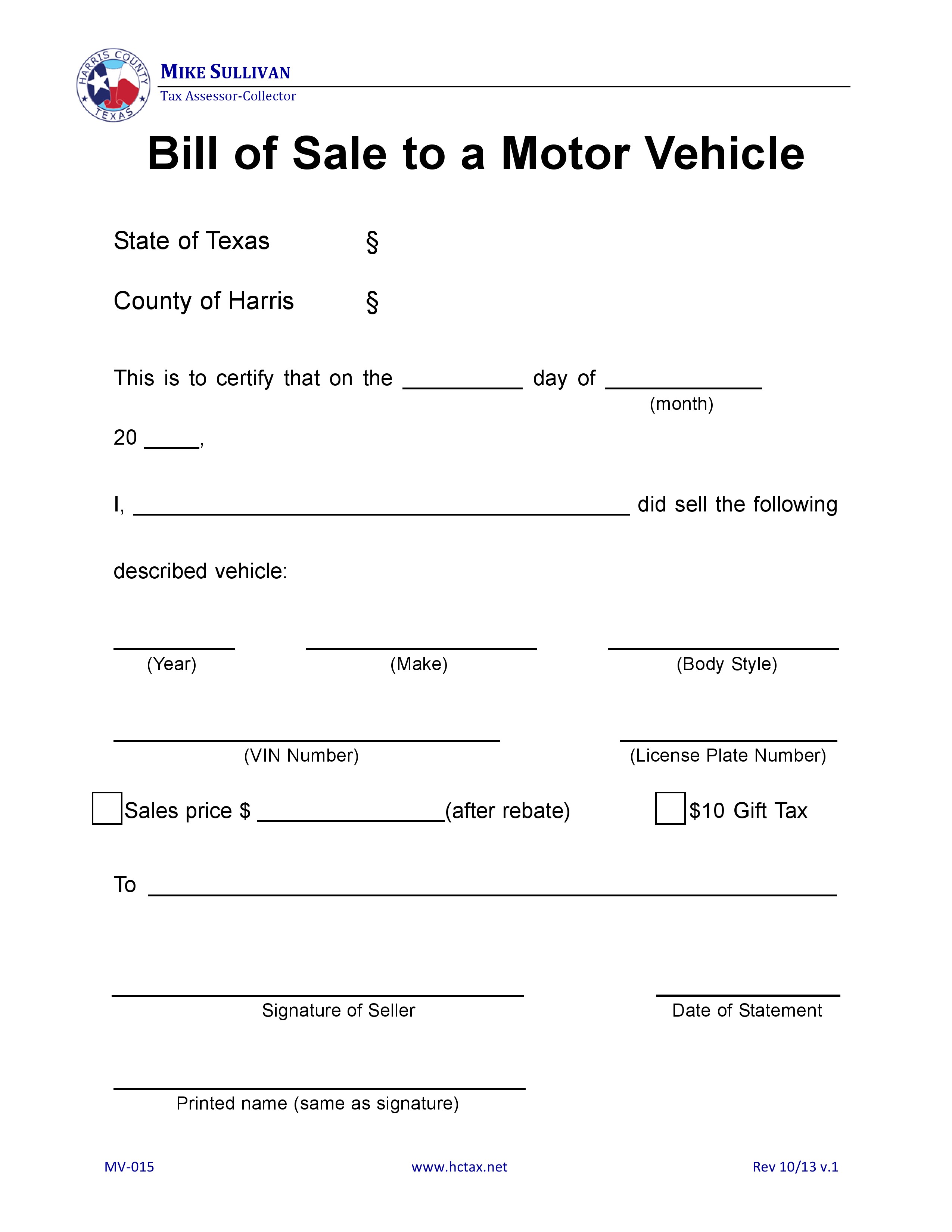 Free Harris County Texas Motor Vehicle Bill Of Sale Mv 015 Pdf Docx