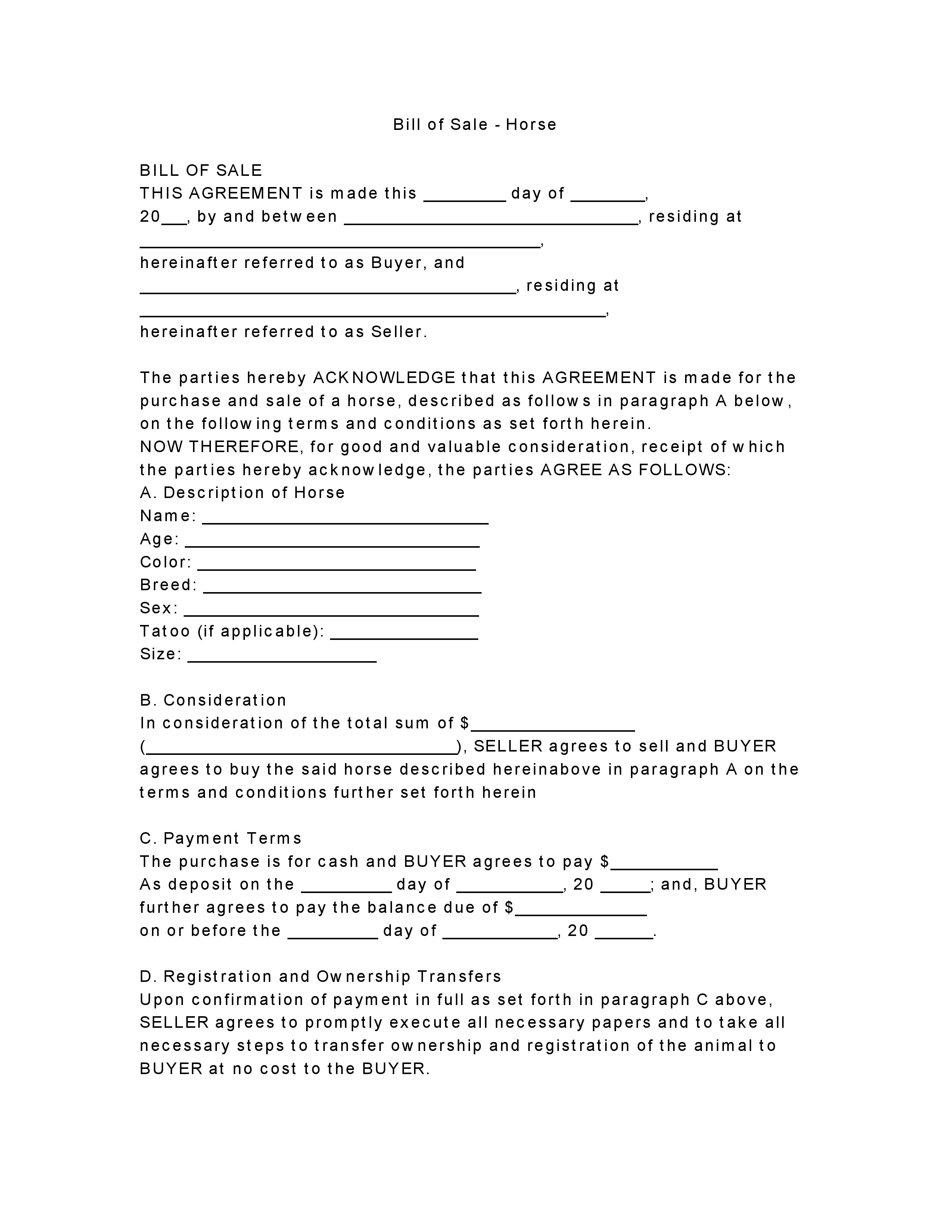Horse Bill Of Sale Template Canada Lessonsrewa