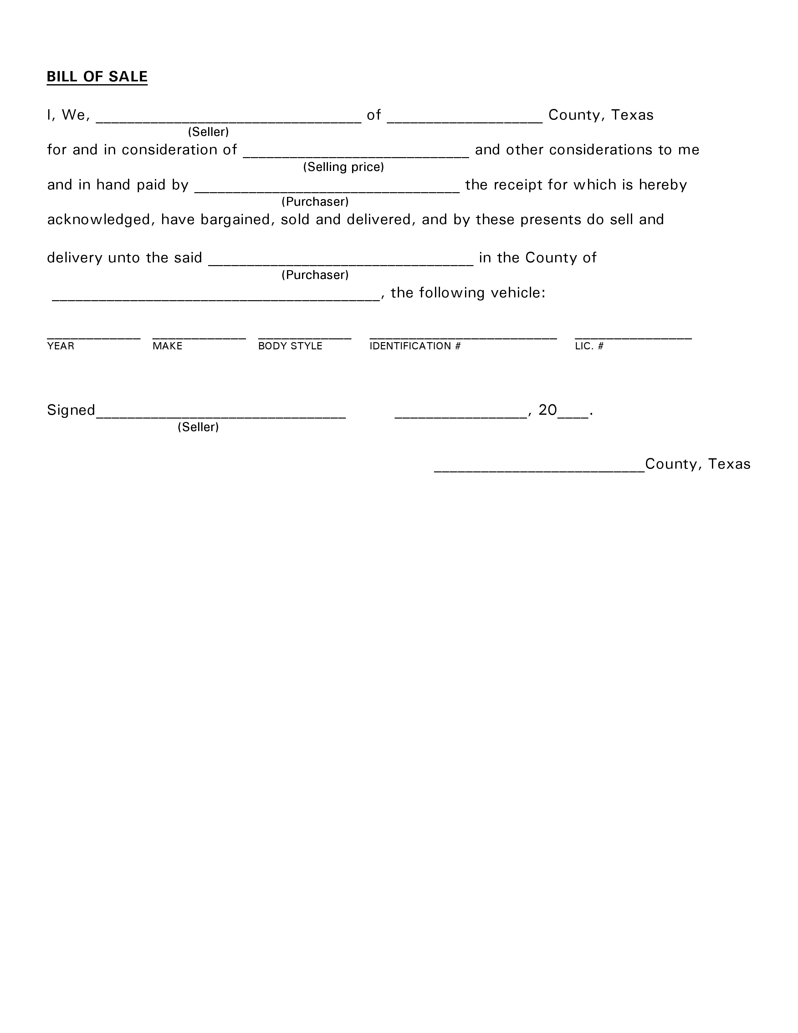 Printable Bill Of Sale For Car In Texas